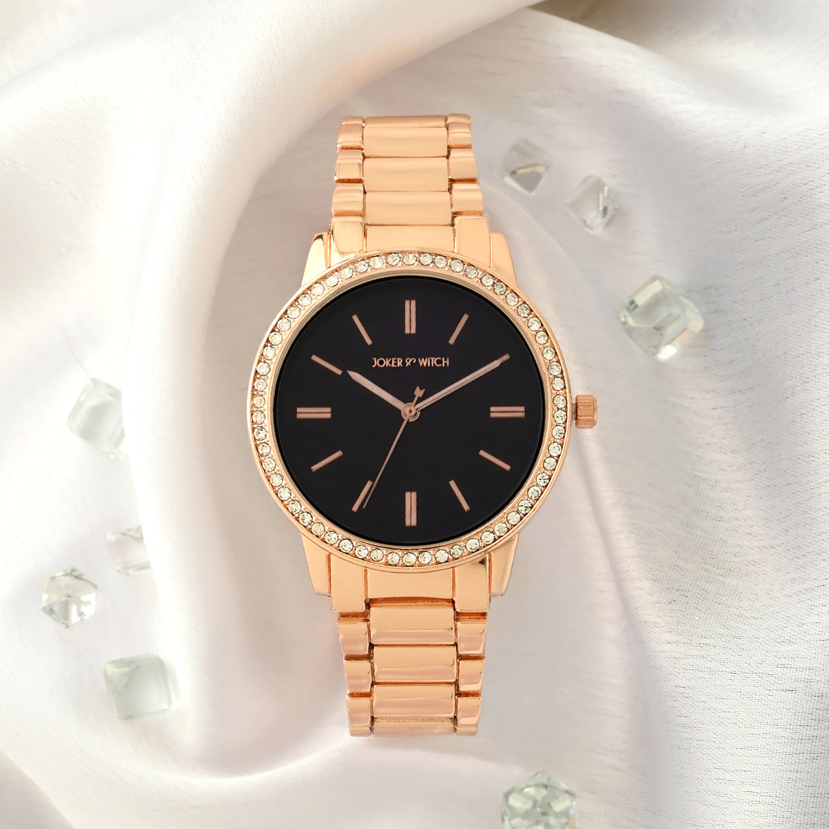 Joker & Witch Halo Black Dial Rose Gold Metallic Strap Rhinestone Watch ...